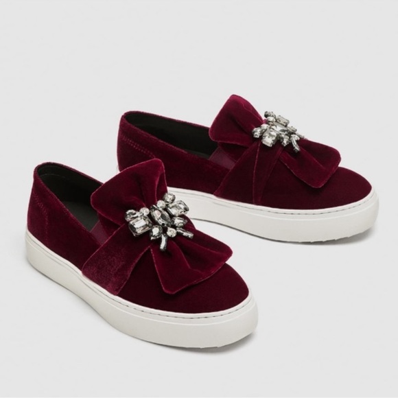 Zara | Shoes | Zara Burgundy Bejeweled Velvet Sneakers | Poshmark